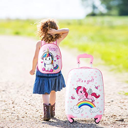 HONEY JOY 2 Pcs Kids Carry On Luggage, 12" School Backpack & 17" Rolling Suitcase, Waterproof Hard Shell Travel Case with Spinner Wheels, Gift for Boys Girls Overnight Travel, Pink Unicorn