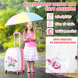 HONEY JOY 2 Pcs Kids Carry On Luggage, 12" School Backpack & 17" Rolling Suitcase, Waterproof Hard Shell Travel Case with Spinner Wheels, Gift for Boys Girls Overnight Travel, Pink Unicorn