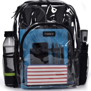 Masirs Heavy Duty Clear Backpack, Stadium Approved Transparent Design, Quick Access at Security Checkpoints, Adjustable Shoulder Straps, Dual Zippered Compartments & Mesh Side Pockets, (16"H x 11"W)