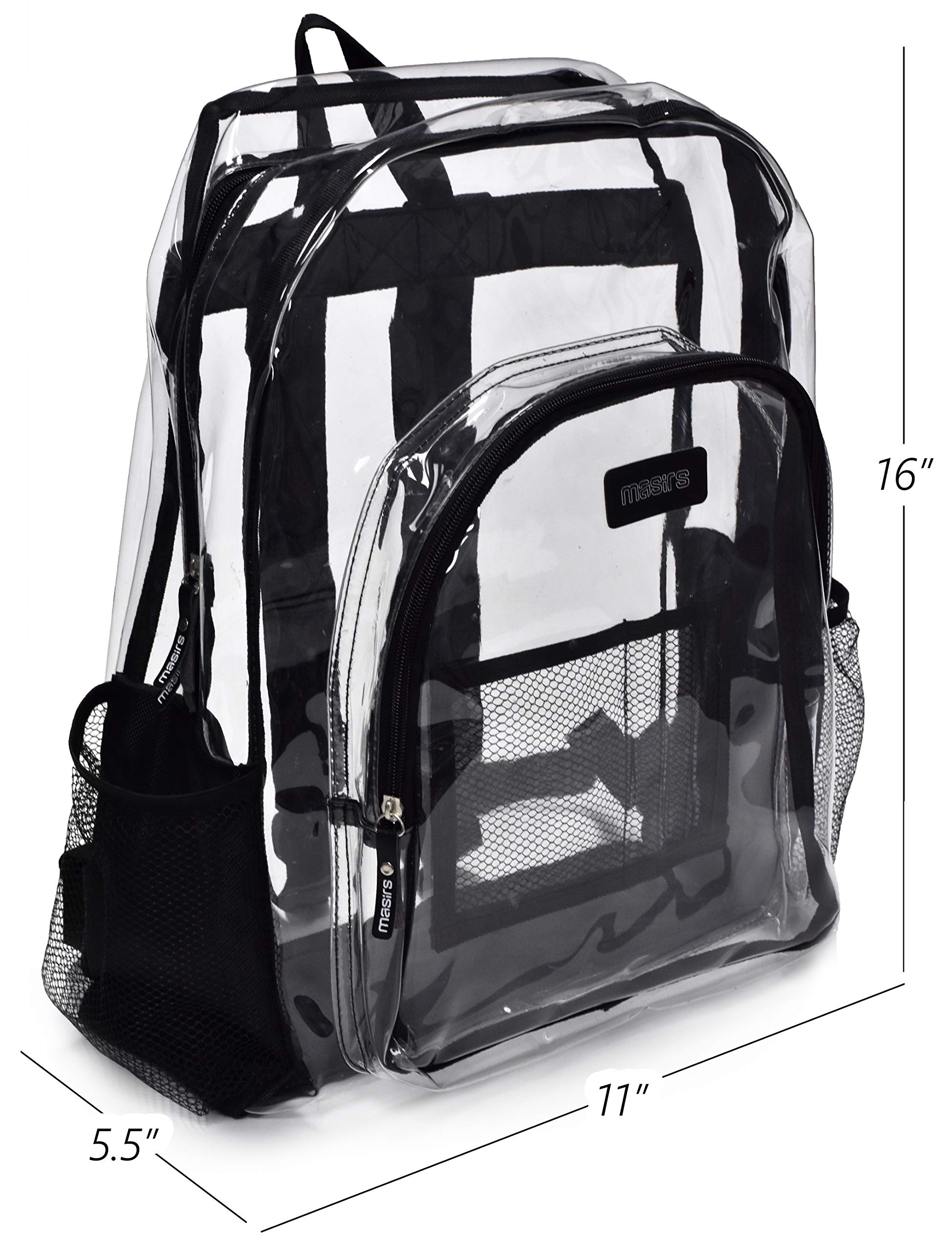 Masirs Heavy Duty Clear Backpack, Stadium Approved Transparent Design, Quick Access at Security Checkpoints, Adjustable Shoulder Straps, Dual Zippered Compartments & Mesh Side Pockets, (16"H x 11"W)