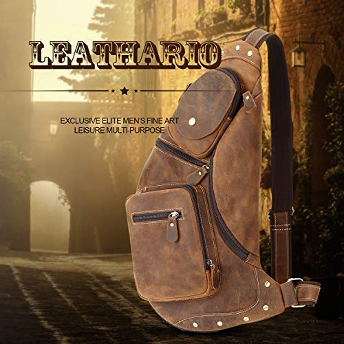 Leathario Men's Leather Sling Bag Chest Bag For Men Genuine Leather Crossbody Shoulder Bag Small Backpack For Works Casual