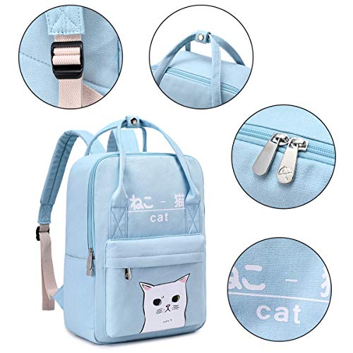 e-youth 3Pcs Japanese And Korean Style Bags Kawaii Cat Canvas School Backpack Shoulder Bag Purse Pen case (Blue)