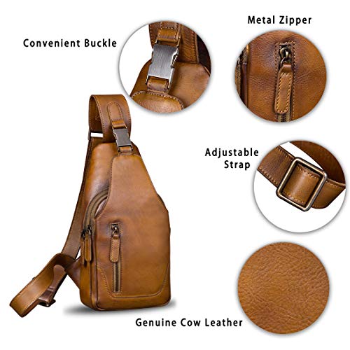 Genuine Leather Sling Bag for Men Chest Shoulder Crossbody Hiking Backpack Vintage Handmade Daypack (Brown)