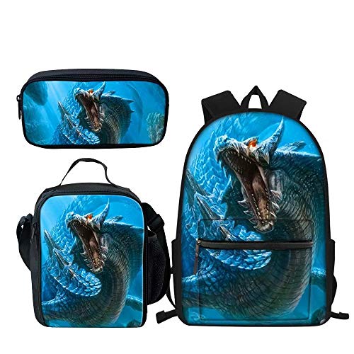 Dellukee Kids School Backpack With Lunch Bag Pencil Bags Set Elementary Boys Girls Durable Book Bag Daypack Dragon Print