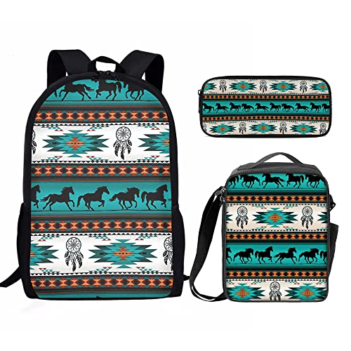 PZZ BEACH Native Southwest Aztec Tribal Horse Turquiose Navajo Print Backpack+ Thermal Lunch Bag+ Pencil Case 3 Pcs Set for Kid Girls Boys