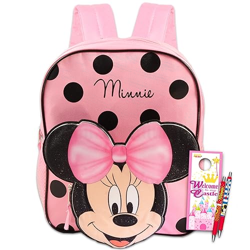 Minnie Mouse Mini Backpack for Toddler Girls - Bundle with 12” Minnie Mouse Mini School Bag, Minnie and Mickey Pens, More | Minnie Mouse School Backpack for Girls