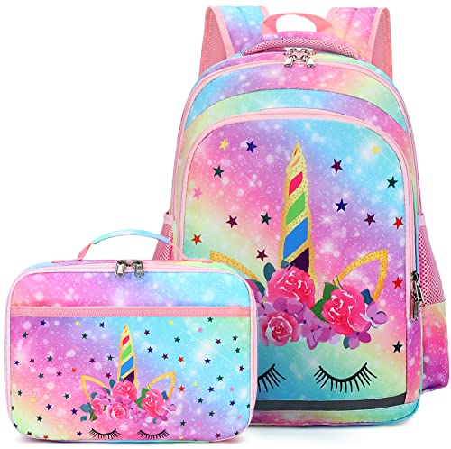 CAMTOP Backpack for Kids Girls School Backpack with Lunch Box Preschool Kindergarten BookBag Set (Y0058-2 Unicorn-Rainbow)