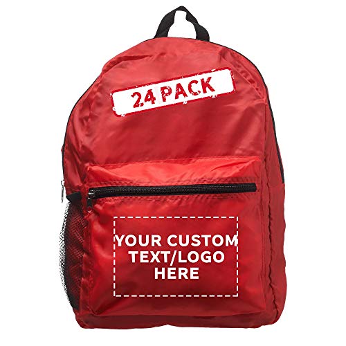 DISCOUNT PROMOS Custom Simple Functional Backpacks Set of 24, Personalized Bulk Pack - Water Resistant, Lightweight - Red