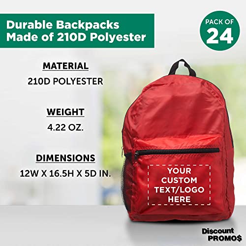 DISCOUNT PROMOS Custom Simple Functional Backpacks Set of 24, Personalized Bulk Pack - Water Resistant, Lightweight - Red