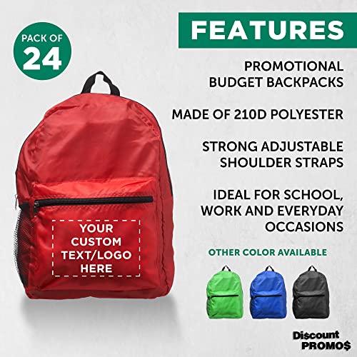 DISCOUNT PROMOS Custom Simple Functional Backpacks Set of 24, Personalized Bulk Pack - Water Resistant, Lightweight - Red