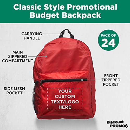 DISCOUNT PROMOS Custom Simple Functional Backpacks Set of 24, Personalized Bulk Pack - Water Resistant, Lightweight - Red