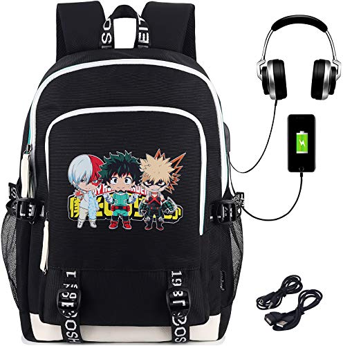 Roffatide Anime Hero Academia Backpack Printed College School Bag Laptop Backpack with USB Charging Port & Headphone Port