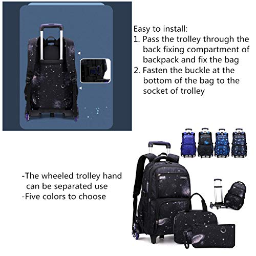 Galaxy-Print Rolling-Backpack Boys-Bookbag on Wheels with Lunch Bag, Galaxy Wheel Backpack, Wheel Trolley Bag for School