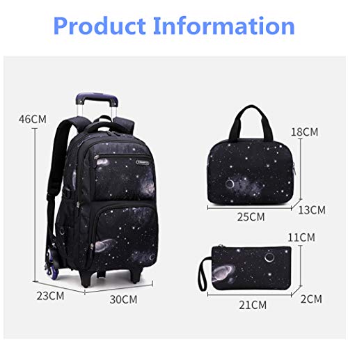 Galaxy-Print Rolling-Backpack Boys-Bookbag on Wheels with Lunch Bag, Galaxy Wheel Backpack, Wheel Trolley Bag for School