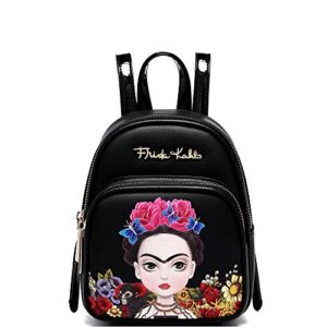 trendeology authentic baby frida cartoon cactus flower theme front pocket leather backpack (mini size baby frida cartoon- black/black)