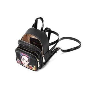 Trendeology Authentic Baby Frida Cartoon Cactus Flower Theme Front Pocket Leather Backpack (Mini Size Baby Frida Cartoon- Black/Black)