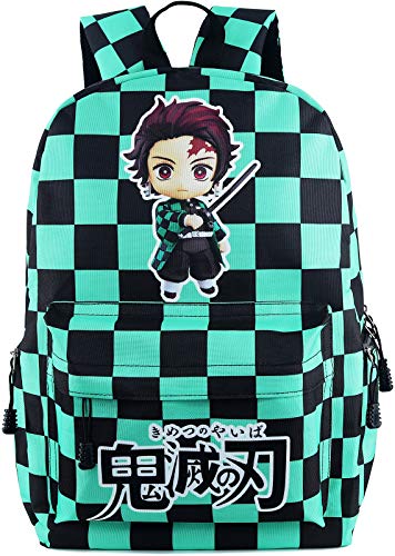 Roffatide Anime Demon Slayer Backpack Black Green Plaid School Bag Large Capacity Laptop Back Pack