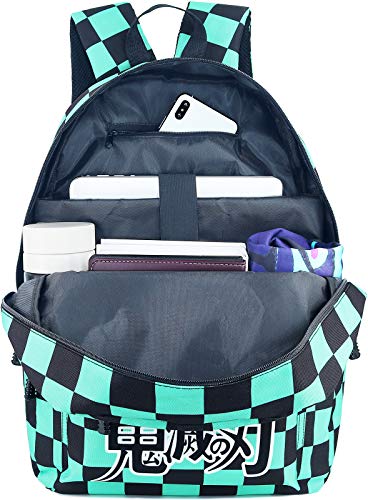 Roffatide Anime Demon Slayer Backpack Black Green Plaid School Bag Large Capacity Laptop Back Pack