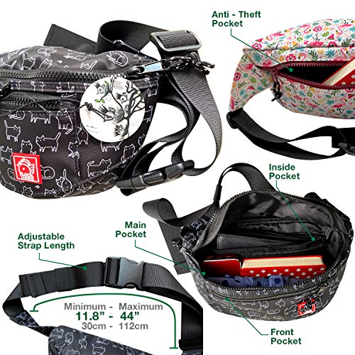 FLOCK THREE Fanny Pack Waterproof Waist Bags Mens Shoulder Bag Women's Sling Purses Travel Backpack Casual Bum Bag Women Small Size Crossbody Sling Bag For Cat Lover Hiking Bicycle Men Chest Daypacks