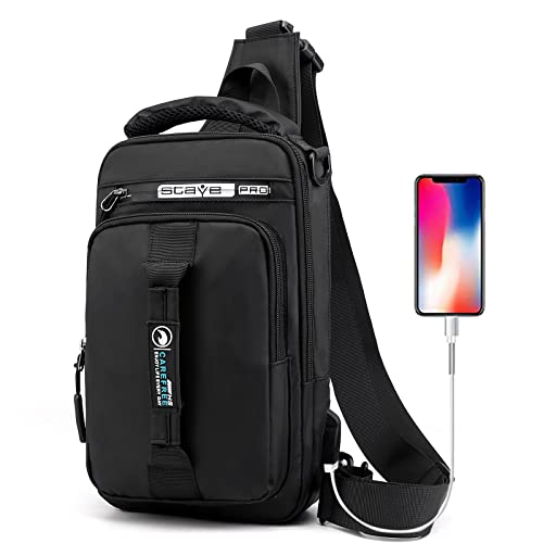 Peicees Sling Bag for Men Waterproof Sling Backpack Crossbody Chest Bag Purse with USB Charging Port for Travel Hiking