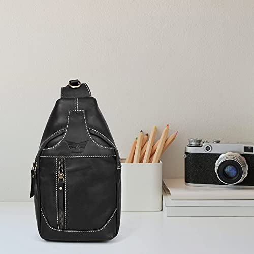 Dimarcy Leather Cross-body Sling Bag Casual Daypack Backpack Chest Shoulder Multi-Purpose Timeless Design Small Men (Black)