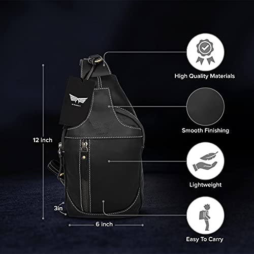 Dimarcy Leather Cross-body Sling Bag Casual Daypack Backpack Chest Shoulder Multi-Purpose Timeless Design Small Men (Black)