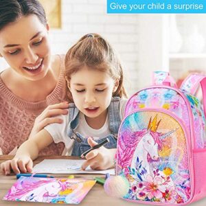 CCJPX 3PCS Unicorn Backpack for Girls, 16”Kids Preschool Sequin Bookbag and Lunch Box for Kindergarten Elementary