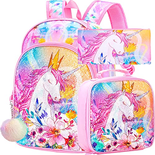 CCJPX 3PCS Unicorn Backpack for Girls, 16”Kids Preschool Sequin Bookbag and Lunch Box for Kindergarten Elementary