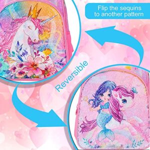 CCJPX 3PCS Unicorn Backpack for Girls, 16”Kids Preschool Sequin Bookbag and Lunch Box for Kindergarten Elementary