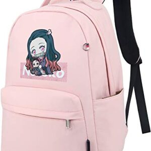 Roffatide Anime Demon Slayer Kamado Nezuko Backpack for Girls Printed Schoolbag Lightweight Nylon Daypack Pink