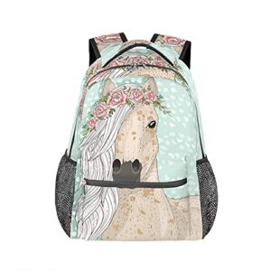 horse school backpack for girls boys, animal flower 16 inch kids backpack lightweight water resistant school bag student bookbag, laptop backpack travel hiking camping daypack