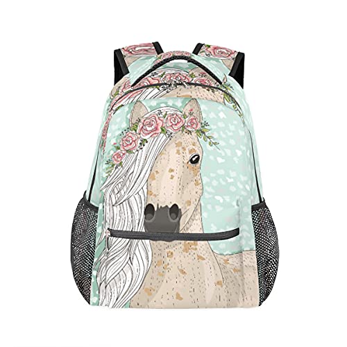 Horse School Backpack for Girls Boys, Animal Flower 16 Inch Kids Backpack Lightweight Water Resistant School Bag Student Bookbag, Laptop Backpack Travel Hiking Camping Daypack