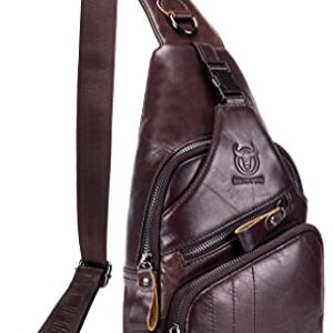 BULLCAPTAIN Men Sling Chest Bag Genuine Leather Casual Multipurpose Crossbody Shoulder Backpack Travel Hiking Daypack (Brown)