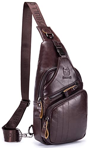 BULLCAPTAIN Men Sling Chest Bag Genuine Leather Casual Multipurpose Crossbody Shoulder Backpack Travel Hiking Daypack (Brown)