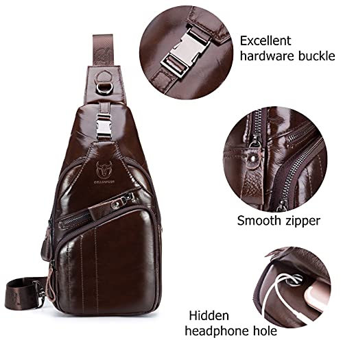 BULLCAPTAIN Men Sling Chest Bag Genuine Leather Casual Multipurpose Crossbody Shoulder Backpack Travel Hiking Daypack (Brown)