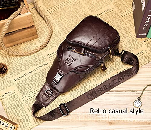 BULLCAPTAIN Men Sling Chest Bag Genuine Leather Casual Multipurpose Crossbody Shoulder Backpack Travel Hiking Daypack (Brown)