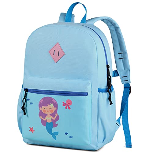 Kasqo Kids Backpack, 14" Toddler Backpack for Little Boys and Girls Kindergarten Preschool Bookbag With Chest Strap, Blue Mermaid