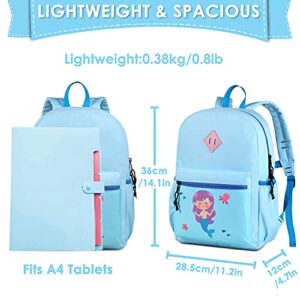 Kasqo Kids Backpack, 14" Toddler Backpack for Little Boys and Girls Kindergarten Preschool Bookbag With Chest Strap, Blue Mermaid