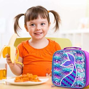 AGSDON 3PCS Kids Backpacks for Girls, 16" Little Kid Mermaid Sequin Preschool School Bookbag and Lunch Box