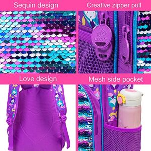 AGSDON 3PCS Kids Backpacks for Girls, 16" Little Kid Mermaid Sequin Preschool School Bookbag and Lunch Box