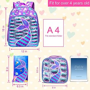 AGSDON 3PCS Kids Backpacks for Girls, 16" Little Kid Mermaid Sequin Preschool School Bookbag and Lunch Box