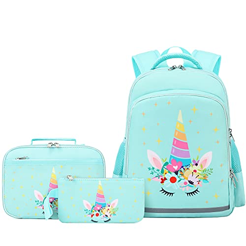 Unicorn Backpack and Lunch Box for girls School Backpack for Girls Unicorn Bookbag Set with Chest Strap Lunch Box and Pencil Bag Preschool Kindergarten Backpack Set