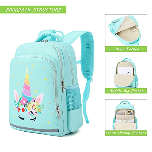 Unicorn Backpack and Lunch Box for girls School Backpack for Girls Unicorn Bookbag Set with Chest Strap Lunch Box and Pencil Bag Preschool Kindergarten Backpack Set