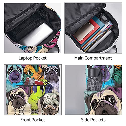 FeHuew 16 inch backpack Cartoonn Colorful Pug Dogs Laptop Backpack Full Print School Bookbag Shoulder Bag for Travel Daypack