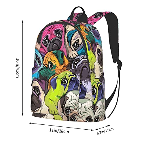 FeHuew 16 inch backpack Cartoonn Colorful Pug Dogs Laptop Backpack Full Print School Bookbag Shoulder Bag for Travel Daypack