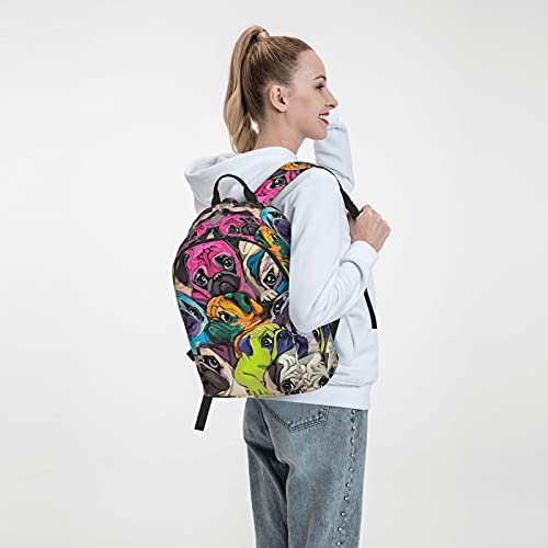 FeHuew 16 inch backpack Cartoonn Colorful Pug Dogs Laptop Backpack Full Print School Bookbag Shoulder Bag for Travel Daypack