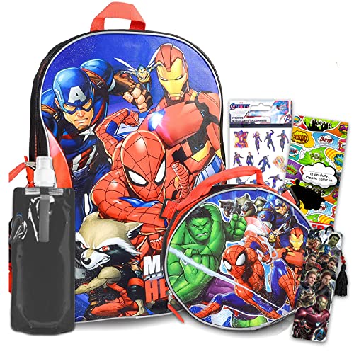 Marvel Shop Avengers Backpack for Boys Girls Kids - 7 Pc Bundle With 16 inch Superhero School Bag, Lunch Bag, Water Bottle, Stickers, And More (Avengers School Supplies), L