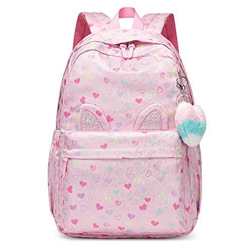 Kid Backpack for Girls and Boys -18-inch Lightweight, Spacious, Waterproof School Backpack Bag With Heart Design cute heart-shaped pendant and cat ears Toddlers Backpack For Ages 6+ And Above(Pink)