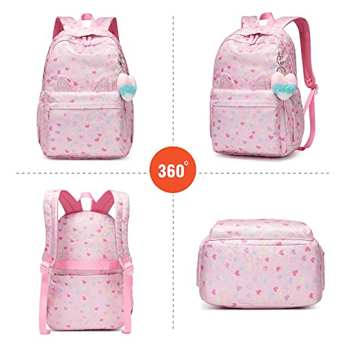 Kid Backpack for Girls and Boys -18-inch Lightweight, Spacious, Waterproof School Backpack Bag With Heart Design cute heart-shaped pendant and cat ears Toddlers Backpack For Ages 6+ And Above(Pink)