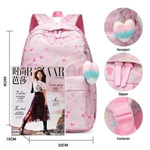 Kid Backpack for Girls and Boys -18-inch Lightweight, Spacious, Waterproof School Backpack Bag With Heart Design cute heart-shaped pendant and cat ears Toddlers Backpack For Ages 6+ And Above(Pink)